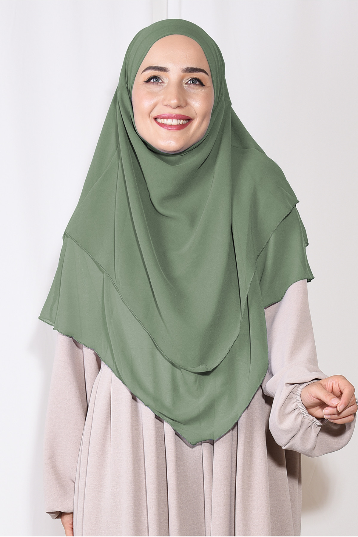 Sufle Khimar Orta Boy Peçeli Şifon Şal Soft Yeşil - 253-35 - modasenem