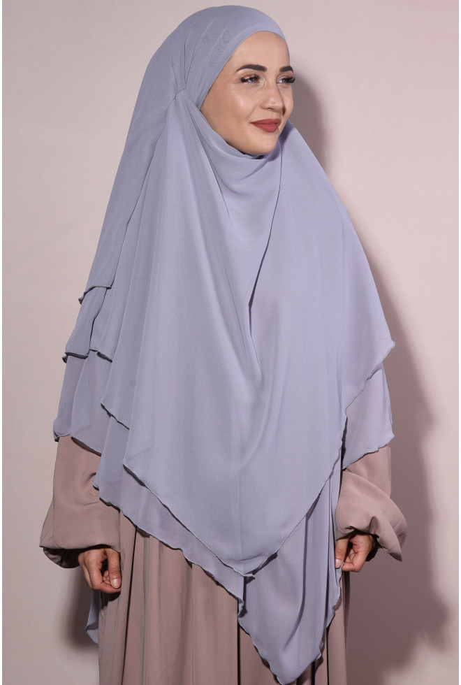 Peçeli Üç Katlı Şifon Sufle Khimar Siyah - 248-06 - modasenem.com